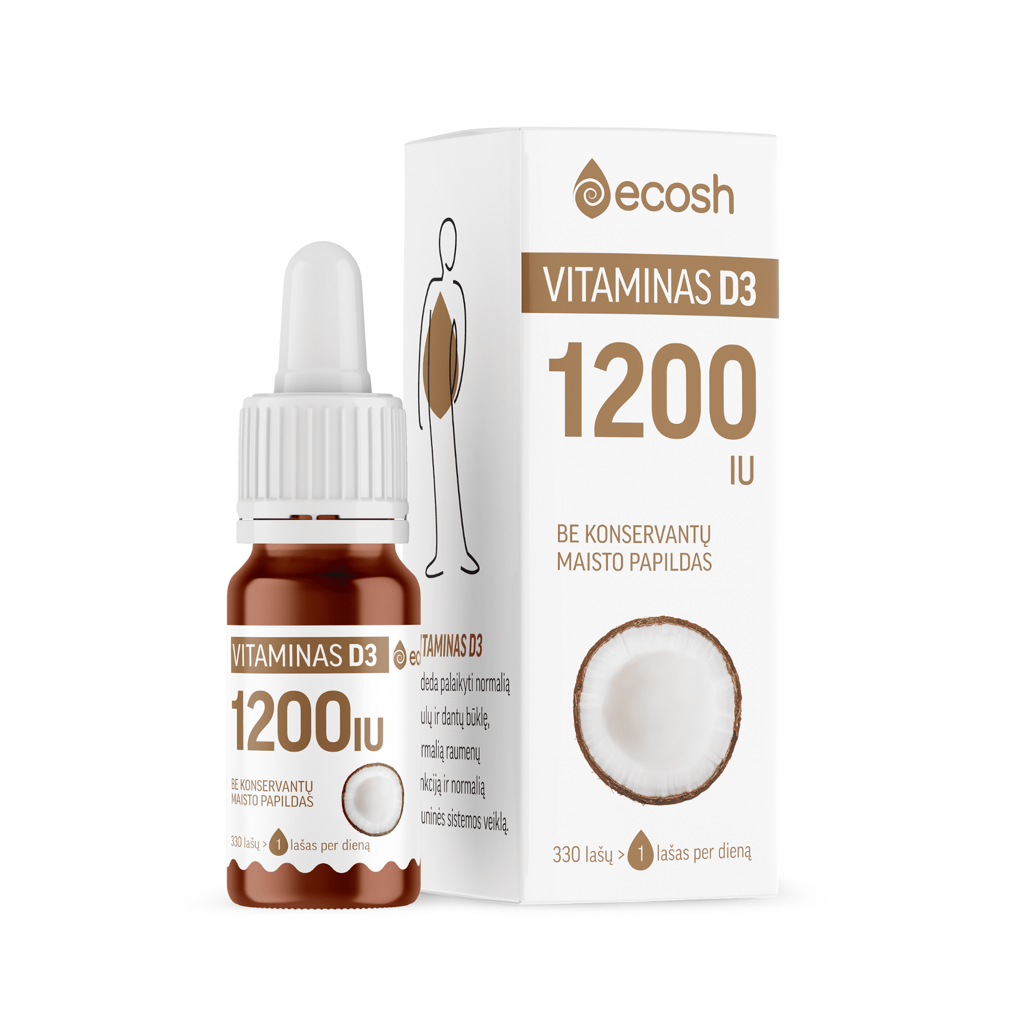 ECOSH vitaminas D3 su kokosų aliejumi 1200TV, 10 ml ...
